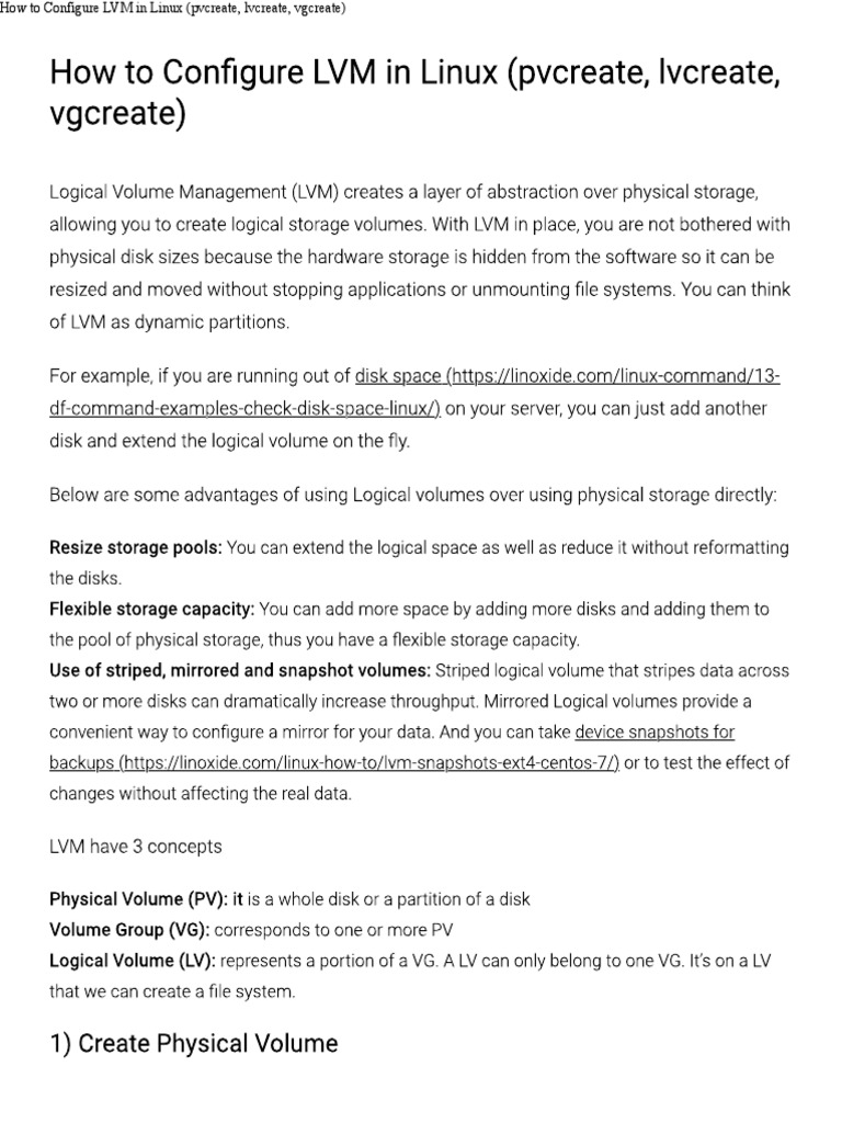 How To Configure LVM in Linux (Pvcreate, Lvcreate, Vgcreate) | PDF