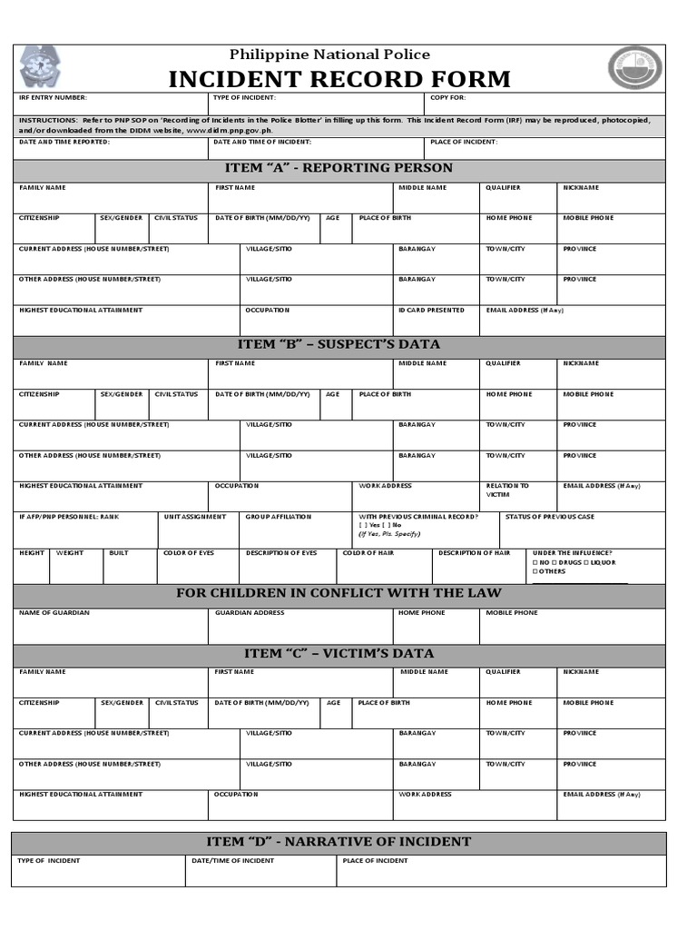 PNP Incident Record Form Guide | PDF | Crime & Violence | Crime Thriller
