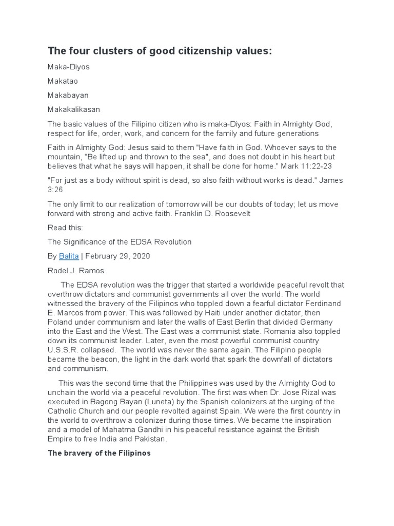 The Four Clusters of Good Citizenship Values:: Balita | PDF | Juan ...