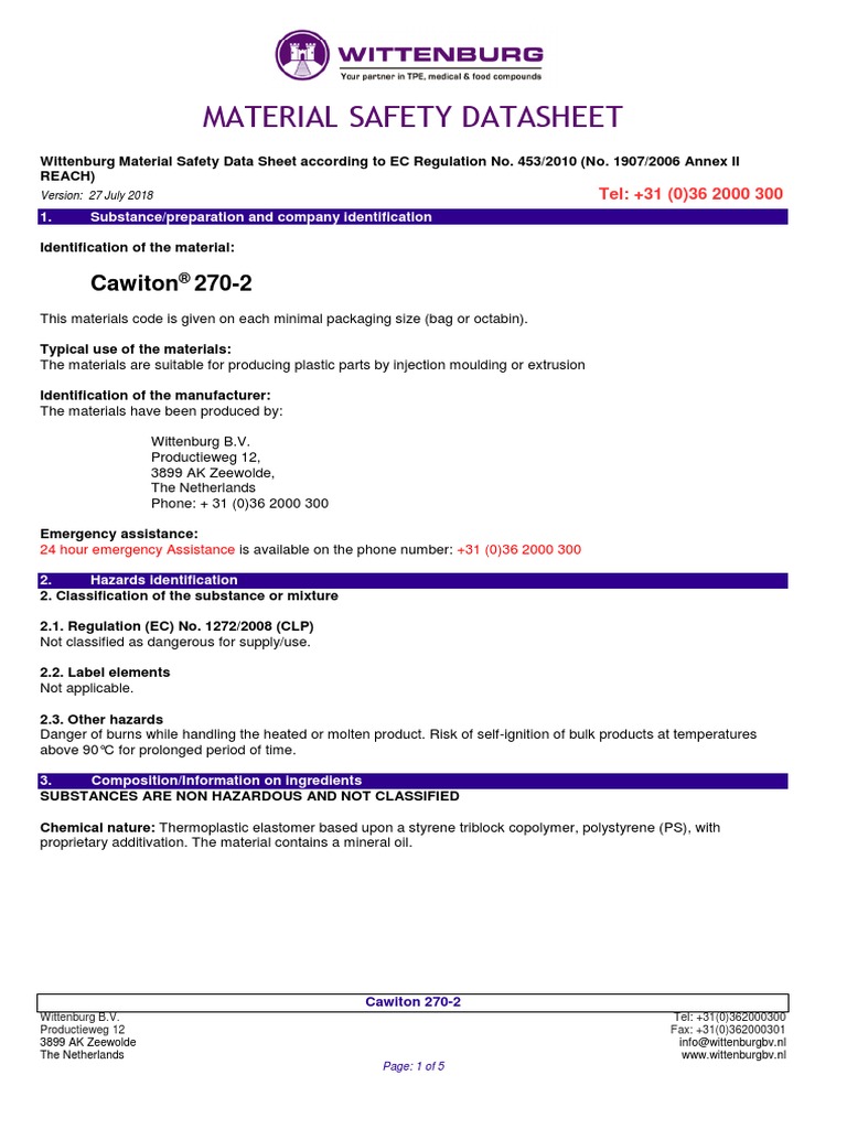 Material Safety Datasheet: Cawiton 270-2 | PDF | Toxicity | Polystyrene