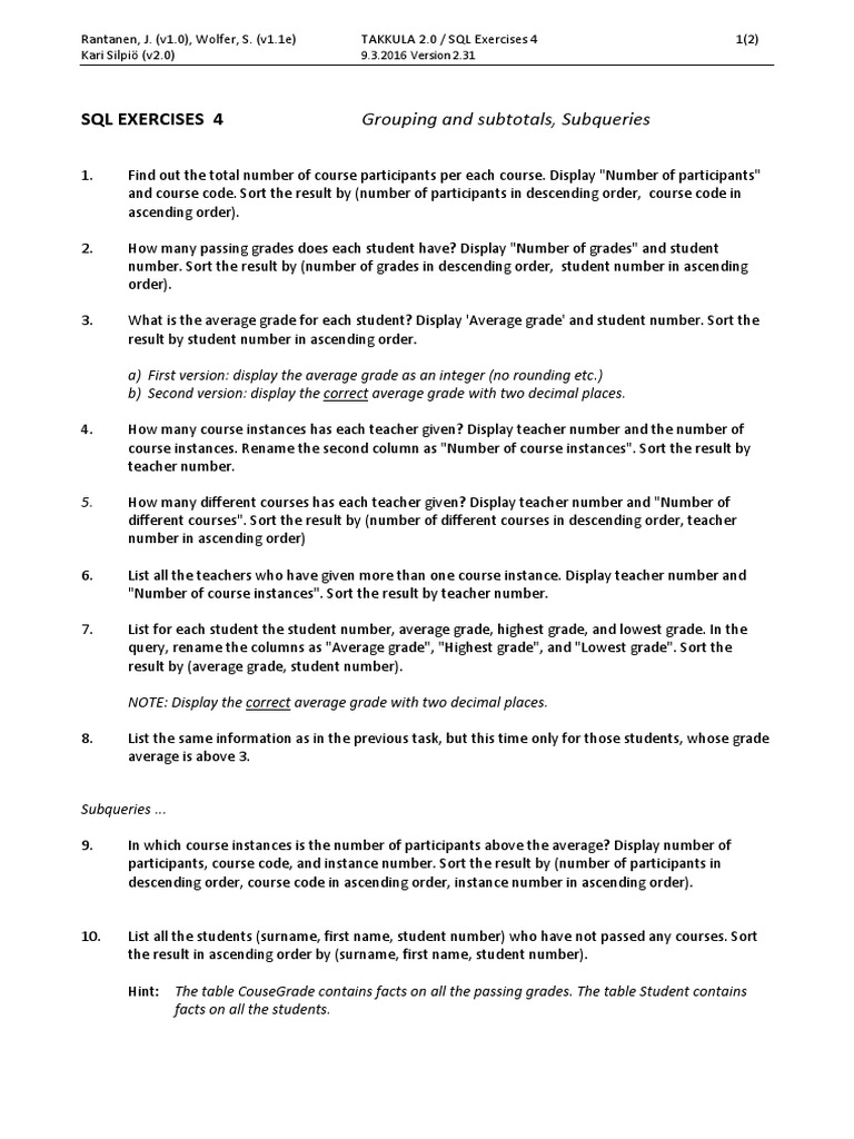 SQL Exercises 4: Grouping and Subtotals, Subqueries | PDF | Numbers ...