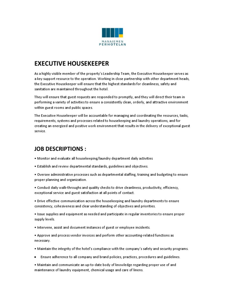 Executive Housekeeper Job Overview | PDF | Leadership | Economies