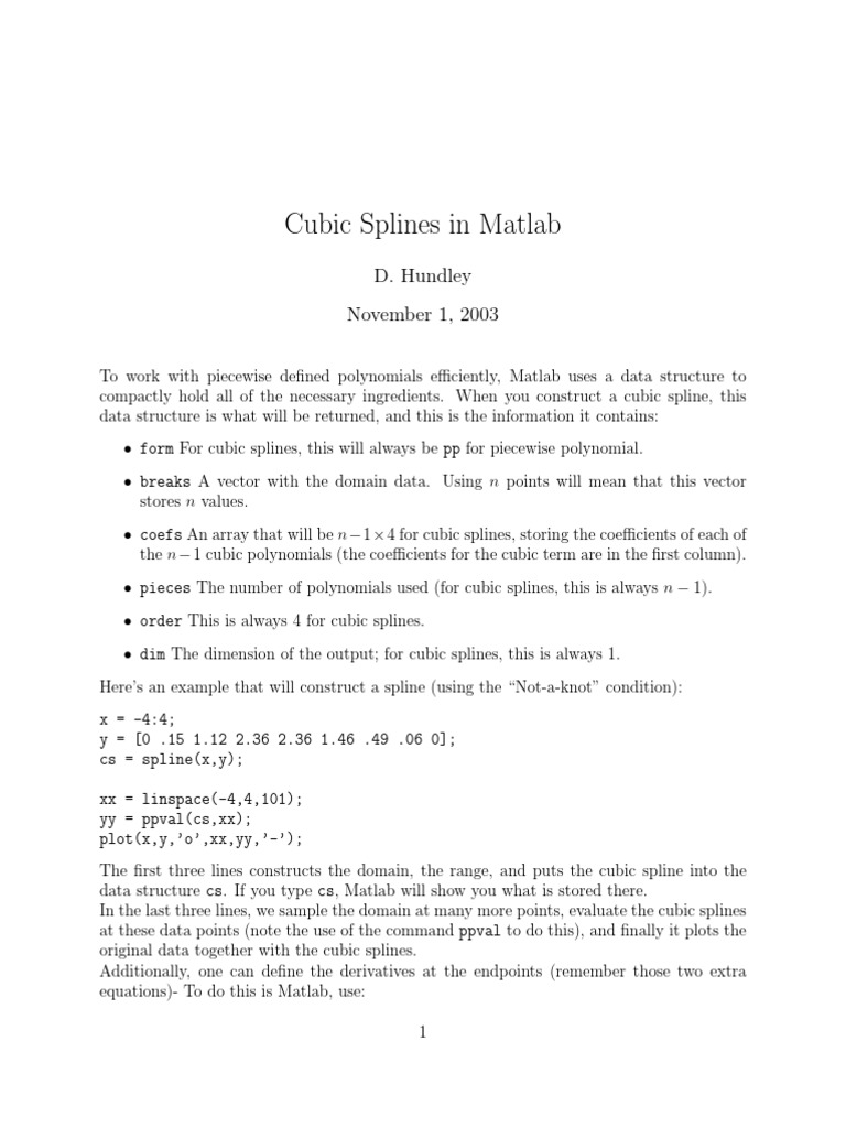 Cubic Splines in Matlab: D. Hundley November 1, 2003 | PDF | Spline ...