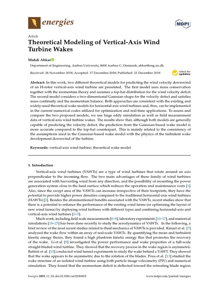 Theoretical Modeling of Vertical-Axis Wind Turbine Wakes: Comparing a ...