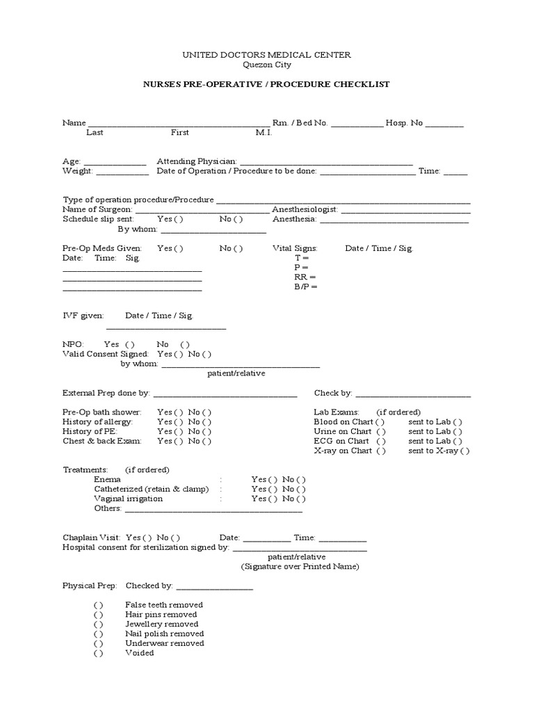 Nurses Pre-Operative / Procedure Checklist | Download Free PDF ...