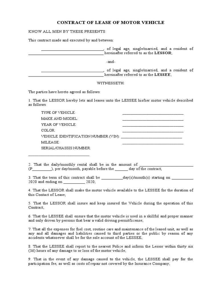 CONTRACT OF LEASE OF MOTOR VEHICLE (Revised) | PDF | Lease | Business Law