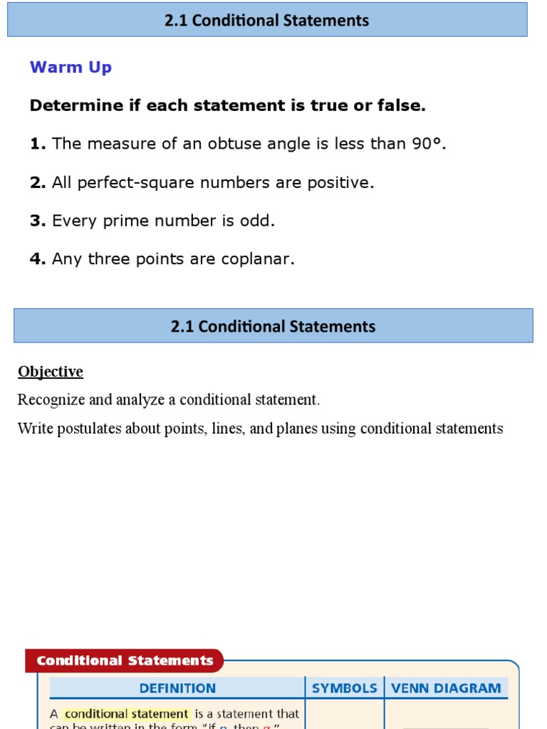 2.1 Conditional Statements: Warm Up | PDF | Angle | Logical Consequence