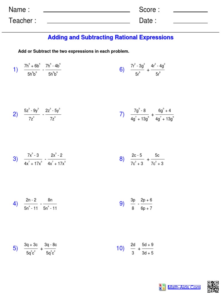 Name: Teacher: Date: Score:: Adding and Subtracting Rational ...