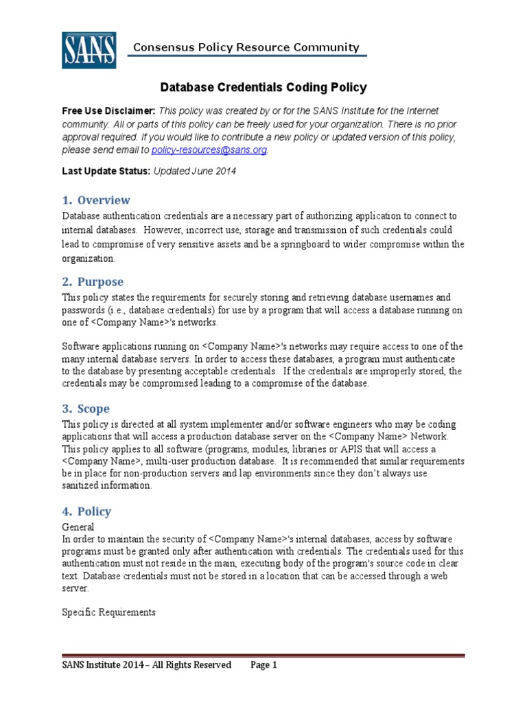 Database Credentials Coding Policy: 1. Overview | PDF | Databases ...