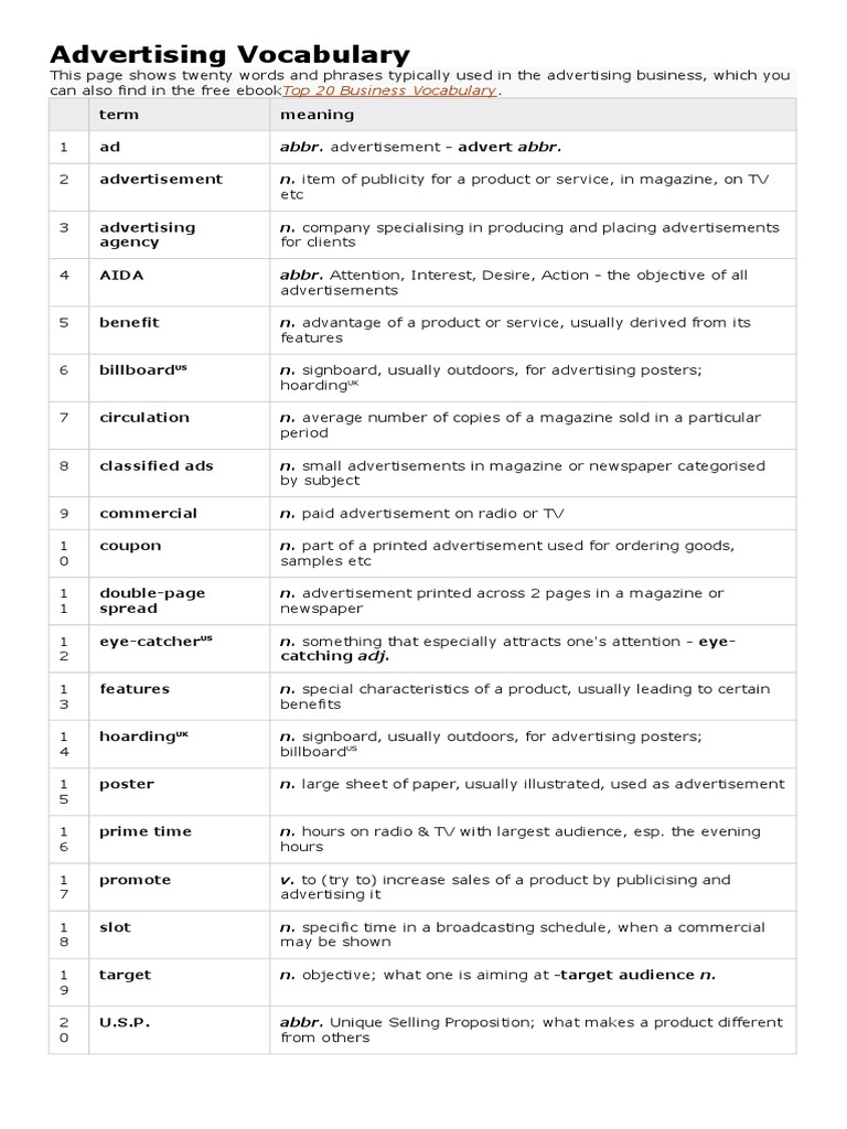 Business English Advertising Vocabulary | PDF | Business | Law