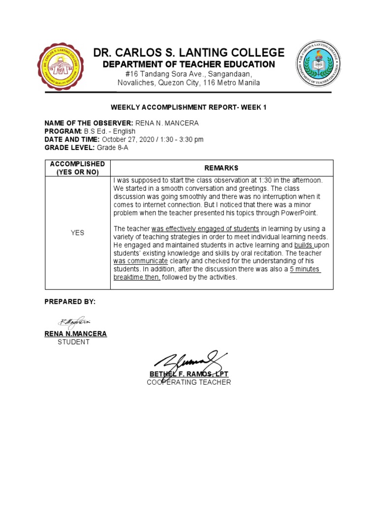 Weekly Accomplishment Report Week 1 | PDF