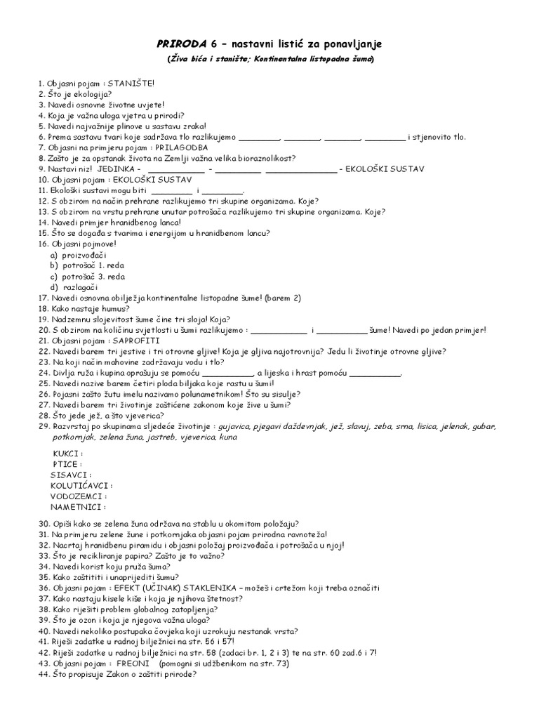 PRIRODA 6 - Nastavni Listic Za Ponavljanje | PDF
