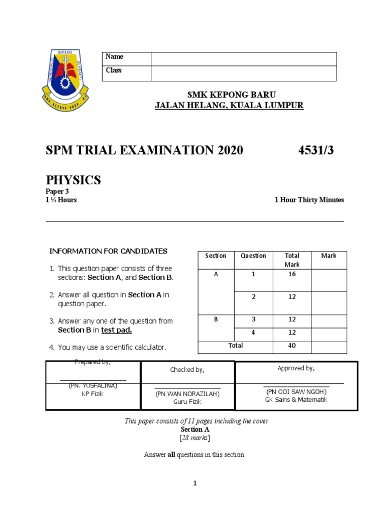 SPM Trial Examination 2020 4531/3 Physics: SMK Kepong Baru Jalan Helang ...