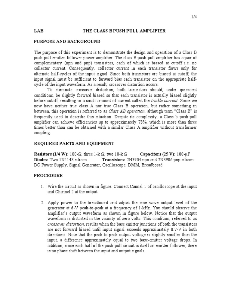 LAB Purpose and Background: Crossover Distortion, Results When The Base ...