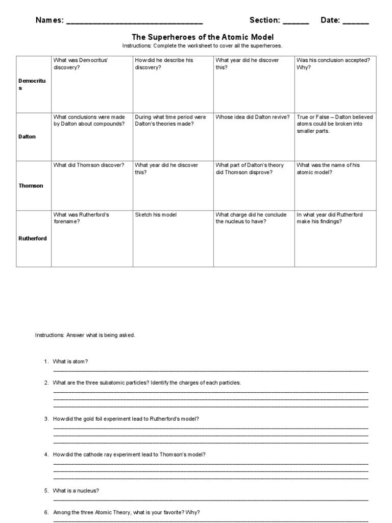 Atomic Model Worksheet | PDF | Atoms | Scientific Theories