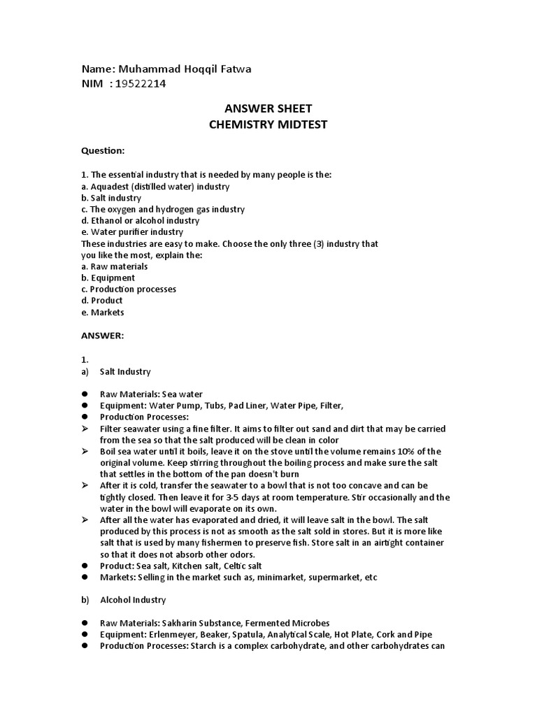 Chemistry Answer Sheet | Download Free PDF | Distillation | Sucrose