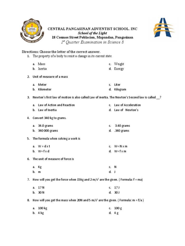 Grade 8 Science 1st Quarter Exam | PDF | Force | Mass