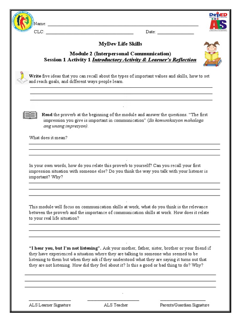 Mydev Life Skills Module 2 (Interpersonal Communication) Session 1 Activity 1 Introductory ...
