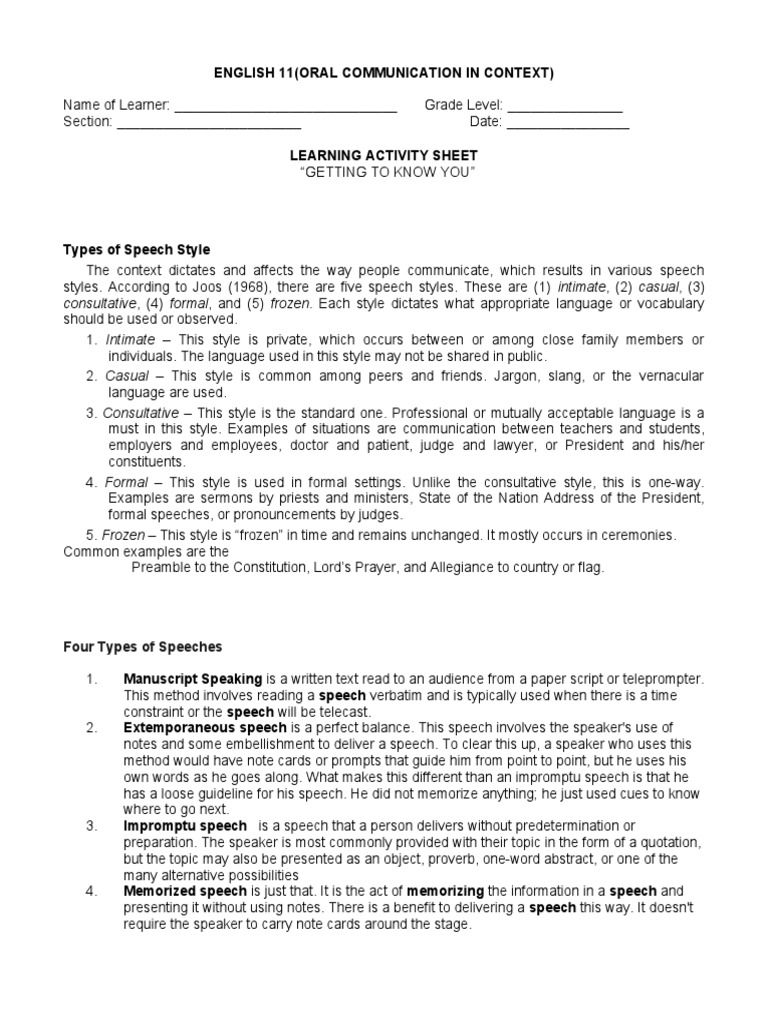 Activity Learning Sheets in Oral - Com - TYPES OF SPEECH CONTEXT ...
