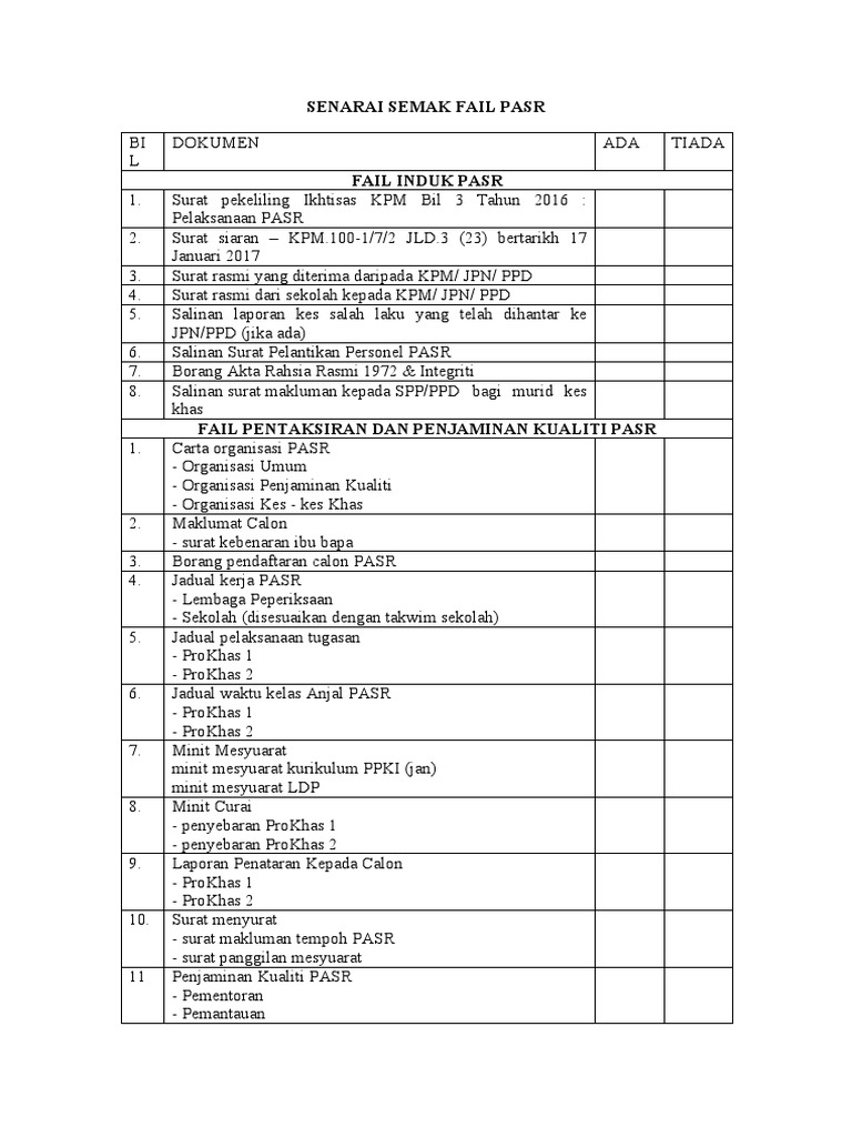 Senarai Semak Fail Pasr | PDF