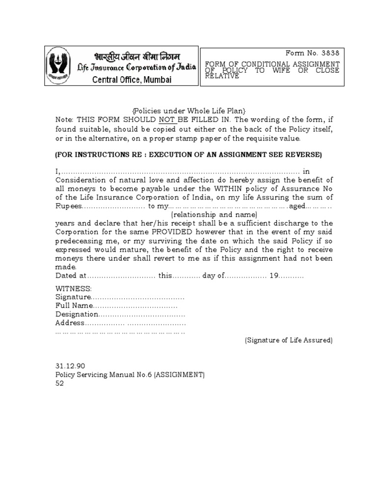 Form of Conditional Assignment of Policy To Wife or Close Relative ...