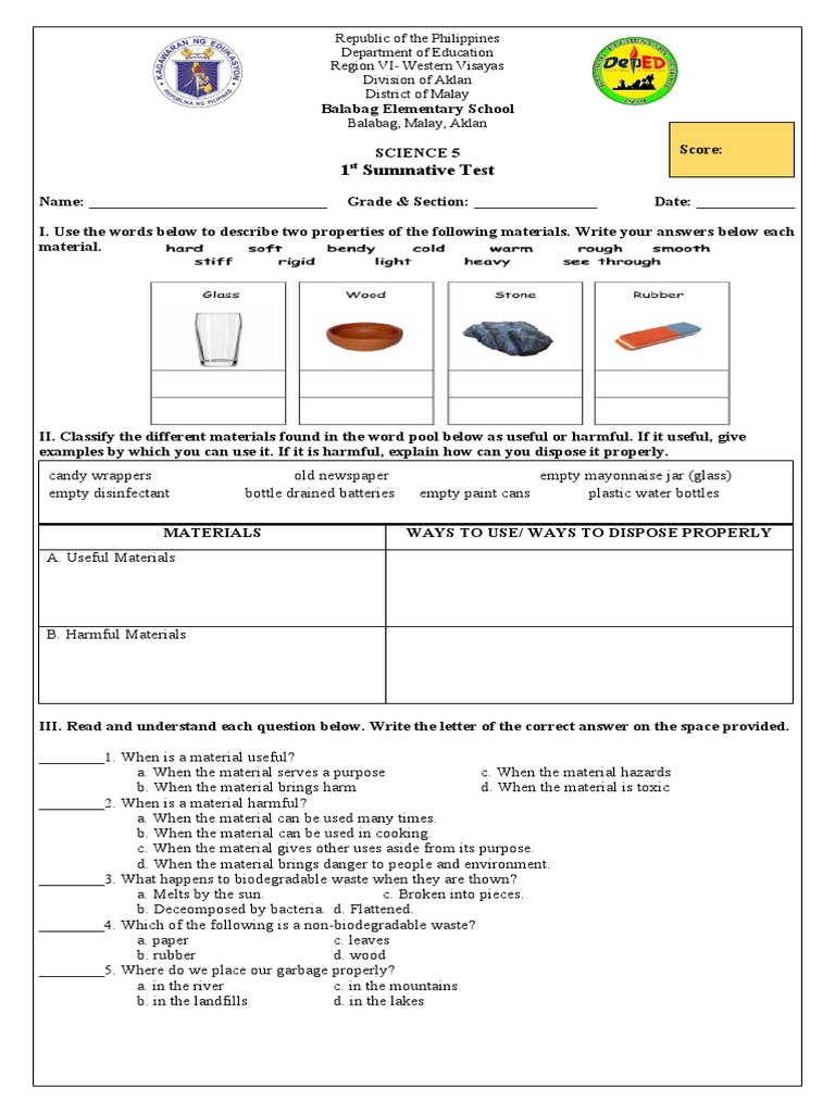 SCIENCE 5 Summative Test | PDF | Toxicity | Materials