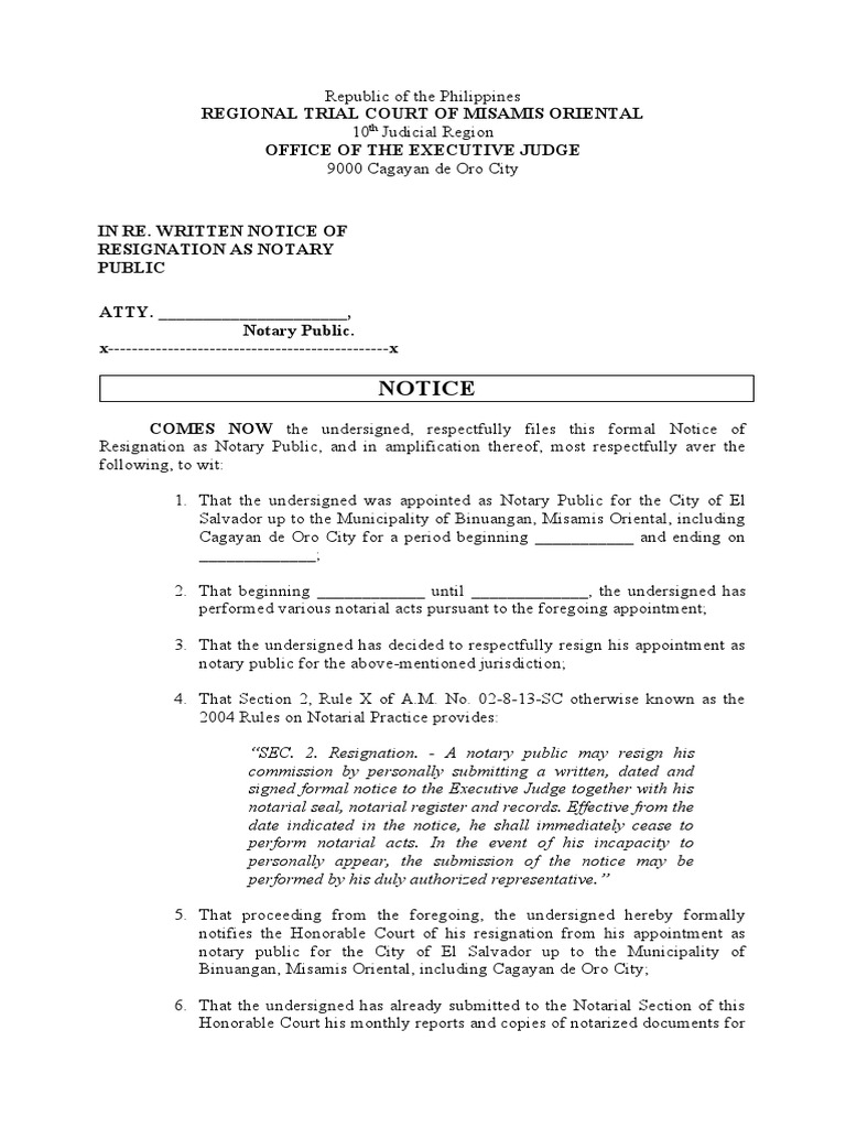 Formal Notice of Resignation As Notary - Executive Judge | PDF | Notary ...