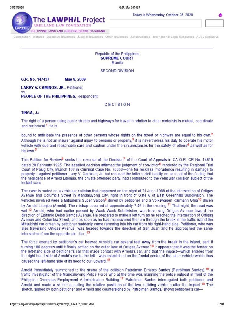 G.R. No. 147437 Reckless Imprudence | PDF | Recklessness (Law) | Traffic