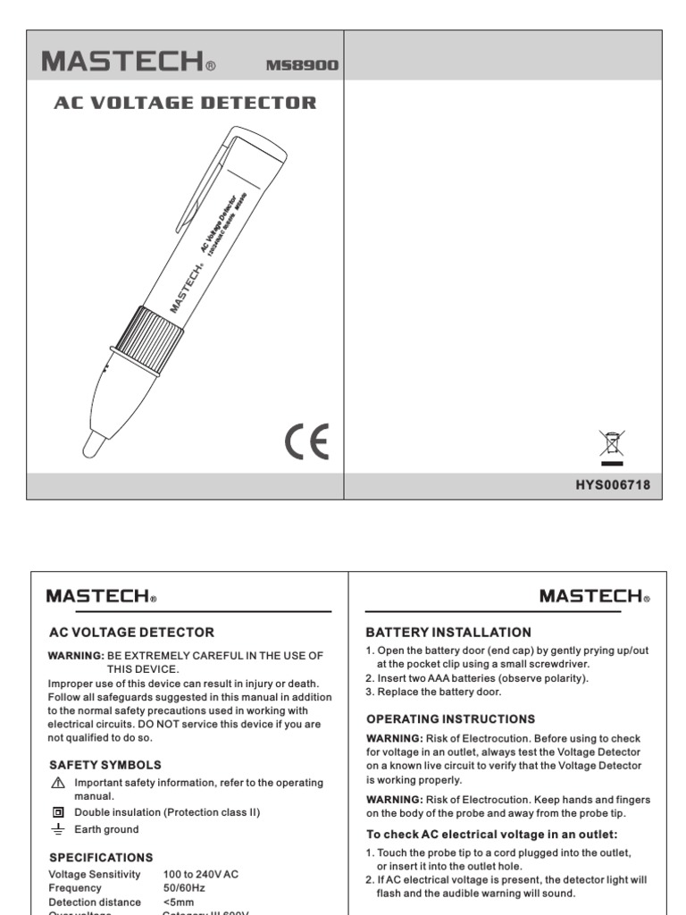 MS8900 AC Voltage Detector Manual | PDF | Ac Power Plugs And Sockets ...