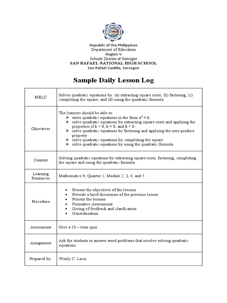 Sample Daily Lesson Log: San Rafael National High School | PDF