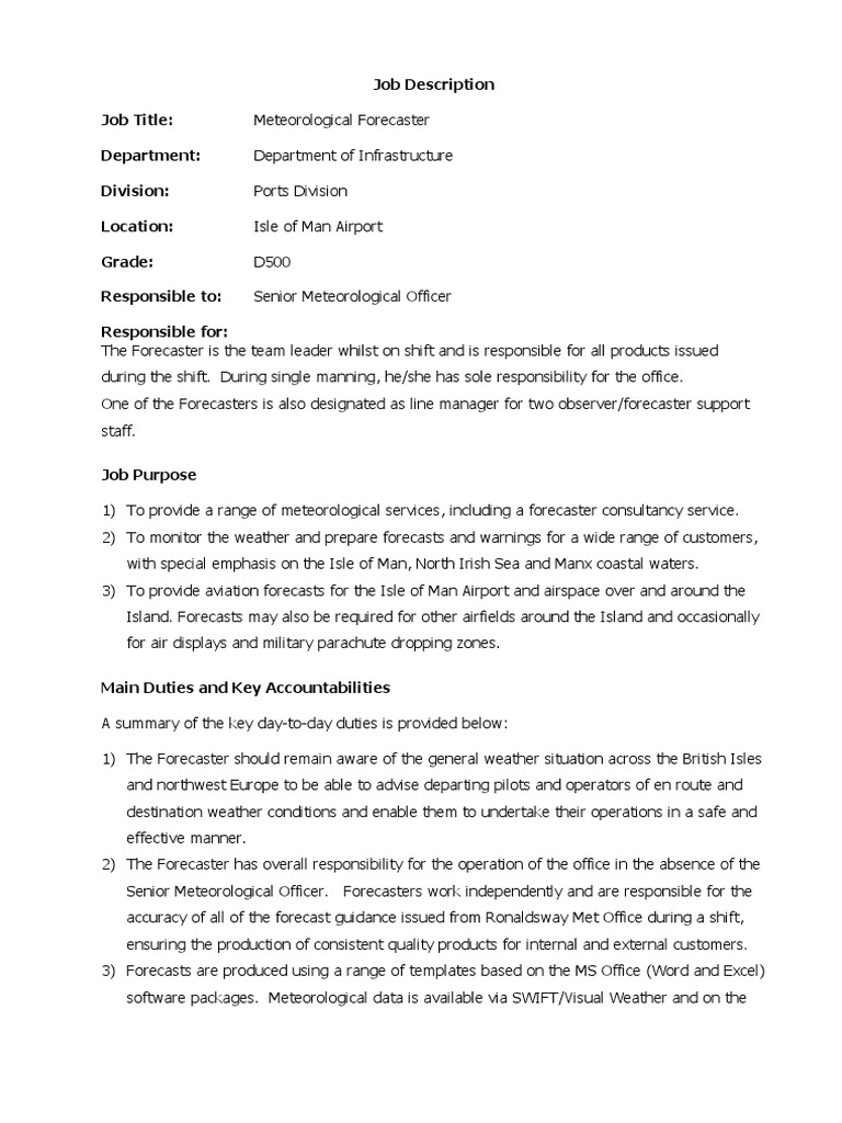 Met Forecaster Job Desciption | PDF | Weather Forecasting | Isle Of Man