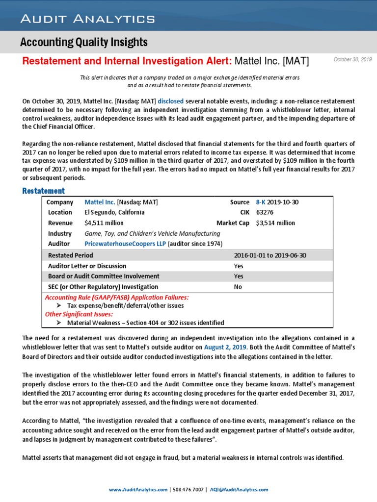 Restatement and Internal Investigation Alert - Mattel Inc. (MAT) PDF | PDF