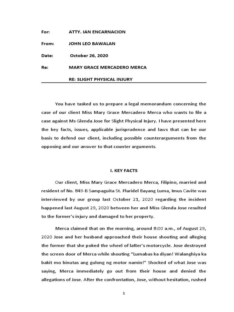 Legal Memorandum Mary Grace Merca Slight Physical Injury | PDF | Arrest ...