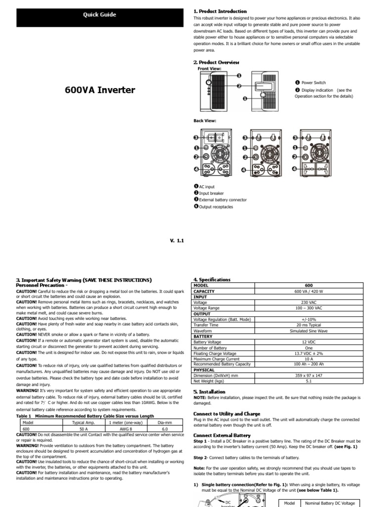 600VA Inverter: Quick Guide | PDF | Power Inverter | Ac Power Plugs And ...