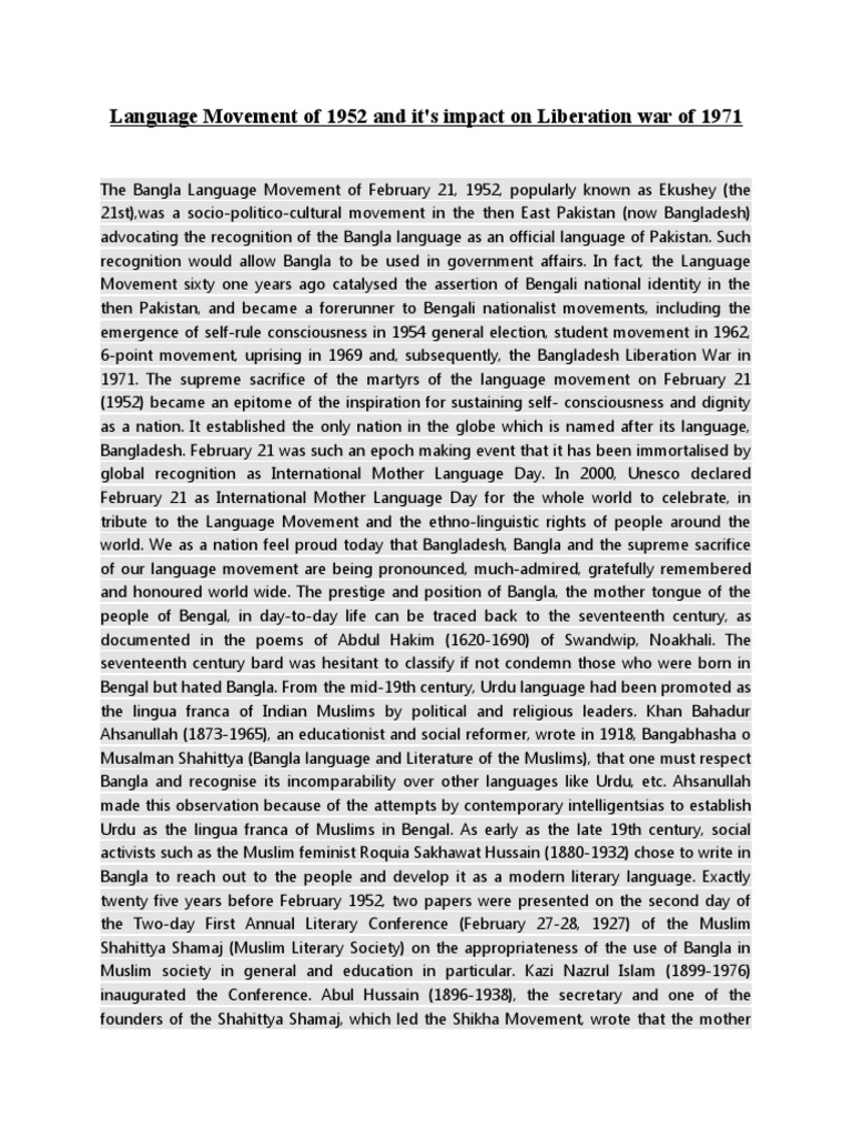 Language Movement of 1952 and It's Impact On Liberation War of 1971 ...