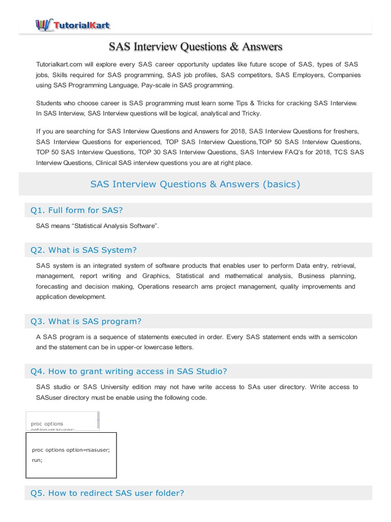 SAS Interview Questions & Answers (Basics) | PDF | Sas (Software) | Parameter (Computer Programming)