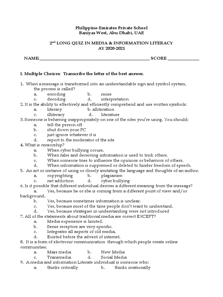 2nd Long Quiz in MEDIA INFORMATION LITERACY | PDF | New Media | Mass Media