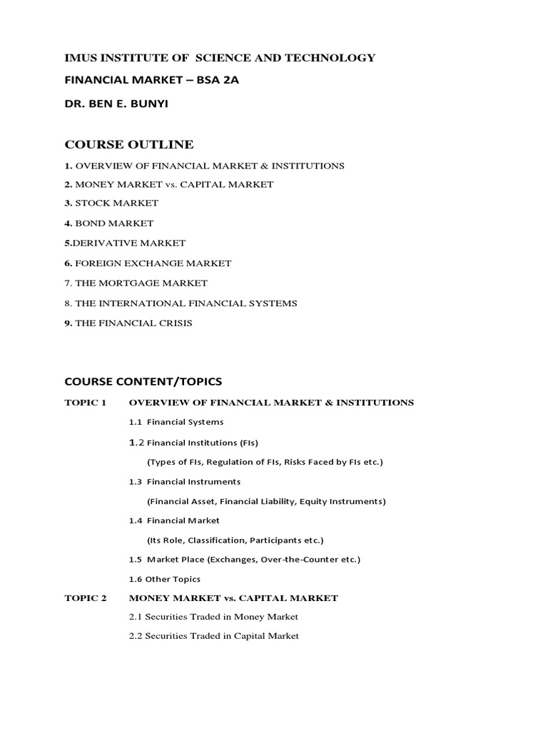 Financial Market - Bsa 2A Dr. Ben E. Bunyi: Imus Institute of Science ...