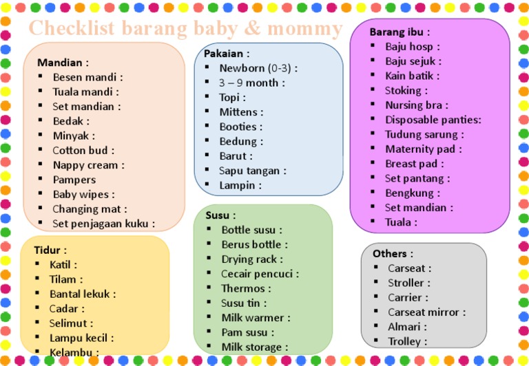 Checklist Barang Baby & Mommy: Pakaian: Mandian: Barang Ibu | PDF