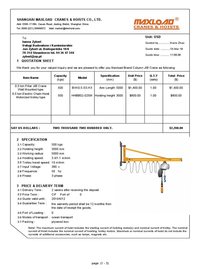 JIB Crane Quotation from Maxload | PDF | Crane (Machine) | Electric Motor