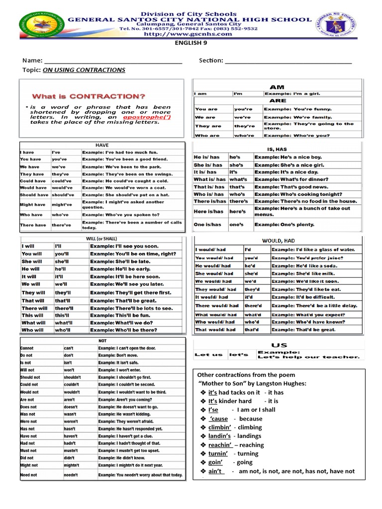 Contraction-Antonyms Handout | Nature