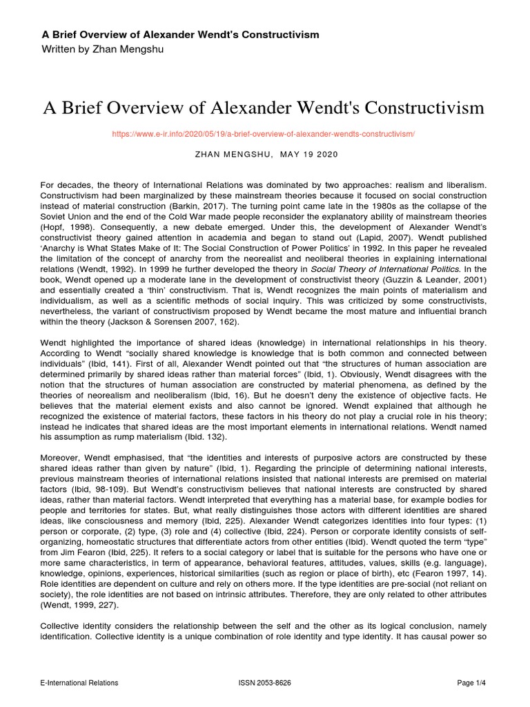 A Brief Overview of Alexander Wendts Constructivism | PDF | Academic ...