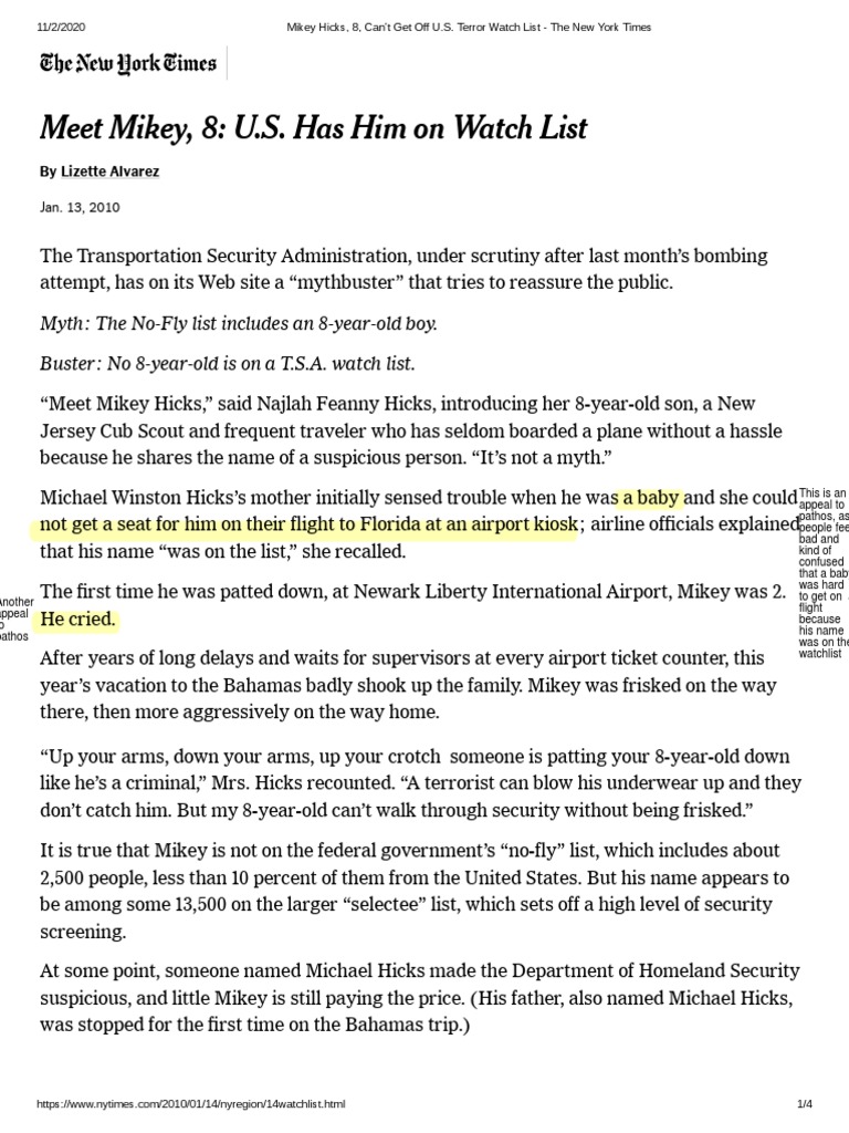 Meet Mikey, 8: U.S. Has Him On Watch List | PDF | Transportation ...