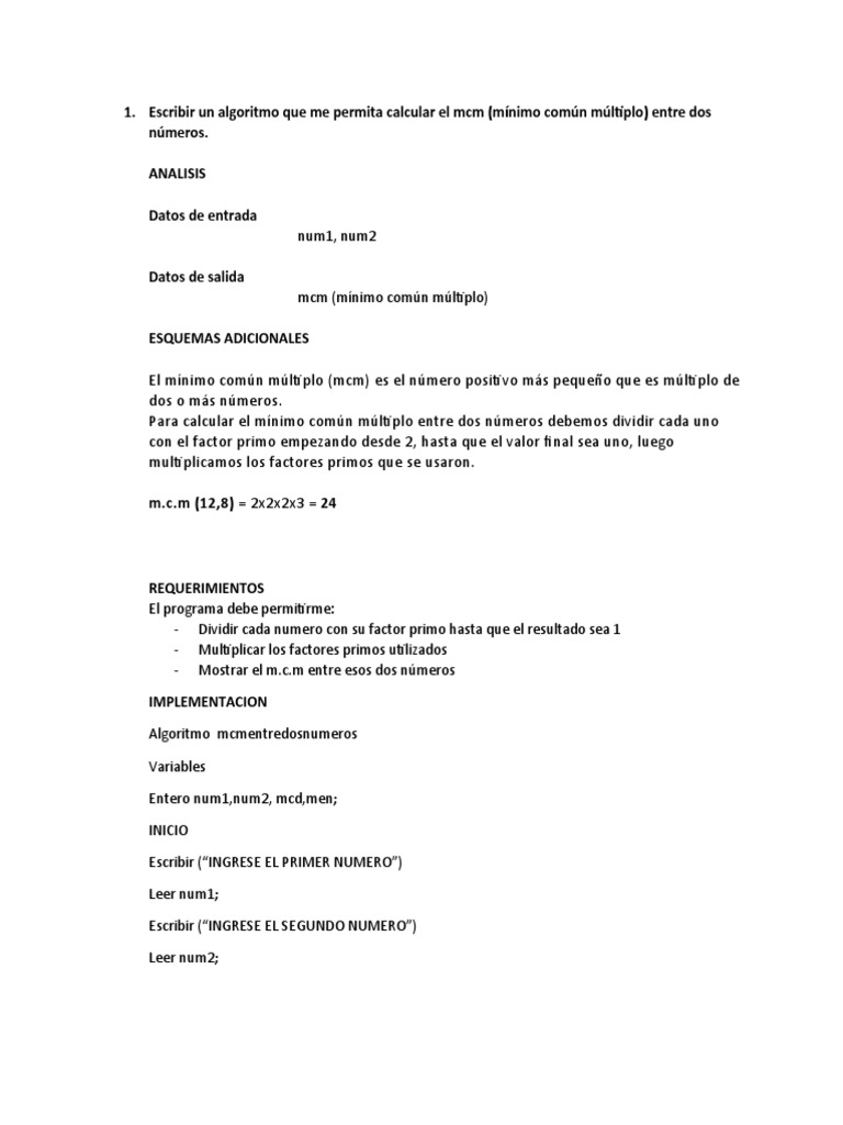 Escribir Un Algoritmo Que Me Permita Calcular El MCM (Mínimo Común ...