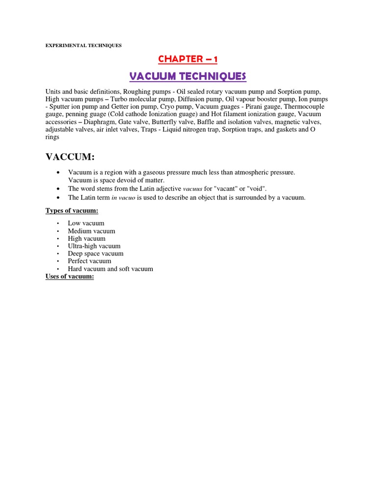 Calicut University M.SC PHYSICS Experimental Techniques VACUUM TECHNIQUES JOYAL (STC) | PDF ...