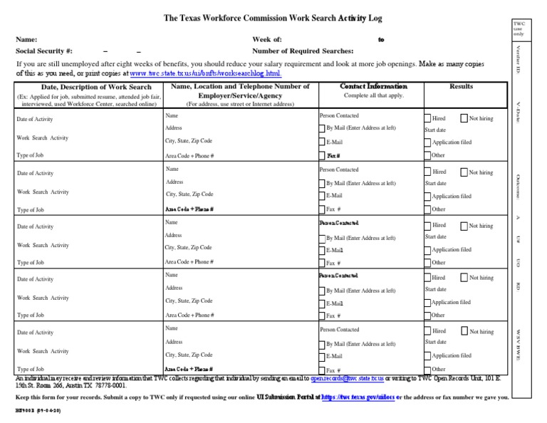 Work Search Log TWC | PDF | Fax | Mail
