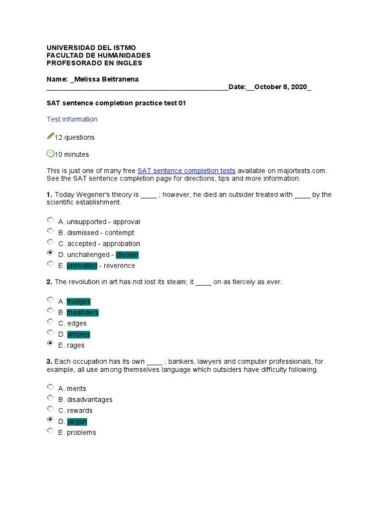 Test Information: SAT Sentence Completion Tests | PDF | Foreign ...