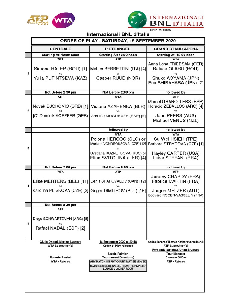Internazionali BNL D'italia: Order of Play - Saturday, 19 September ...