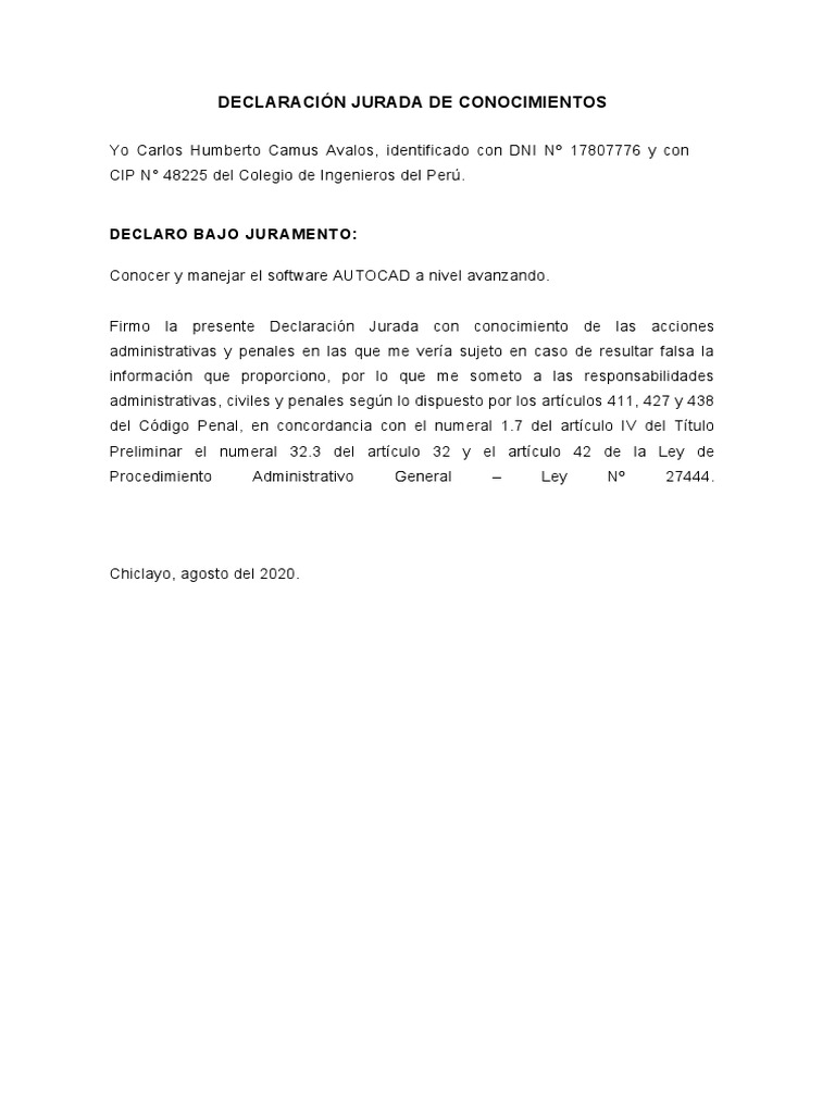 Declaración Jurada de Conocimientos | PDF