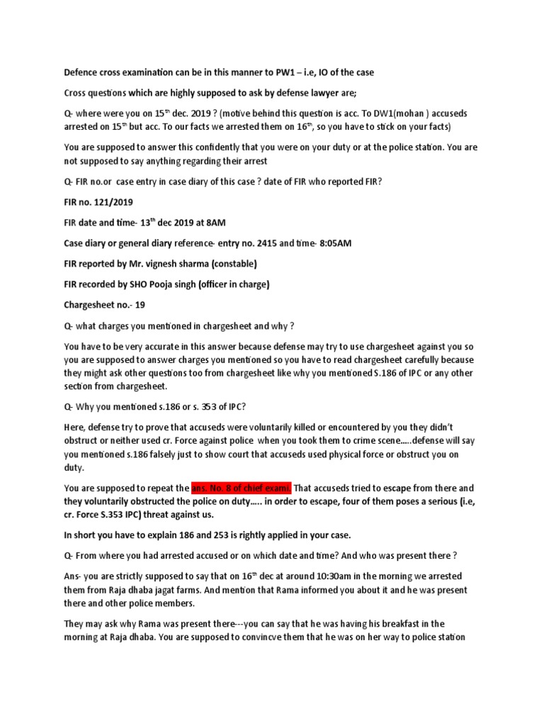 Defence Cross Examination Can Be in This Manner To PW1 | PDF | Arrest ...